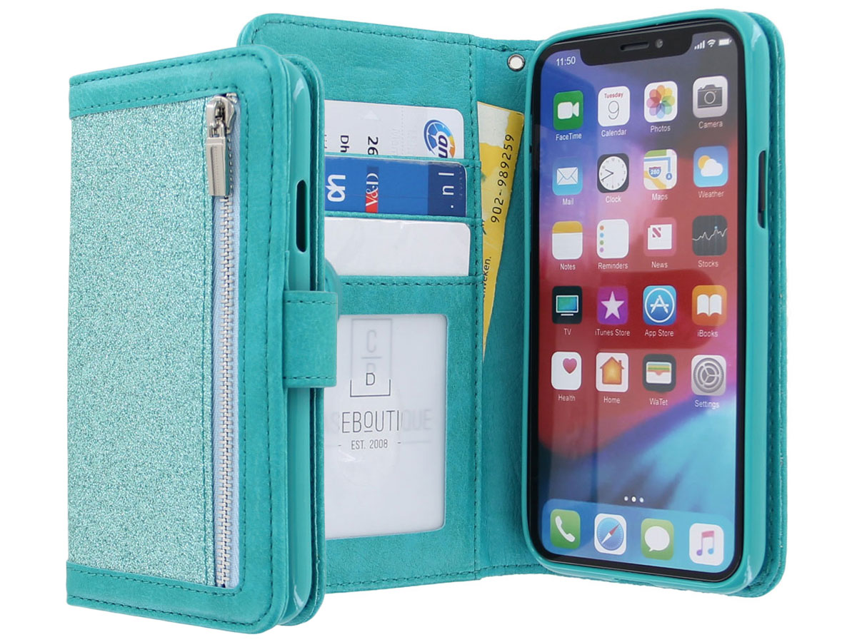 Glitsie Book Case Rits Turquoise - iPhone XR hoesje